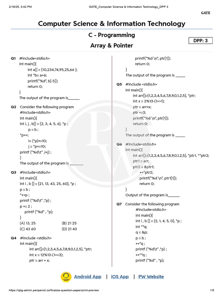 GATE CS IT Programming Output Questions | PDF | Pointer (Computer ...
