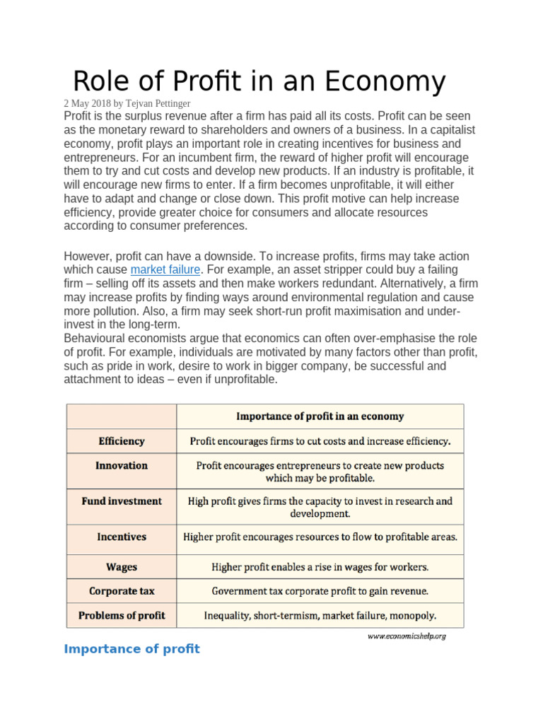 Role of Profit in An Economy | PDF | Profit (Economics) | Economics