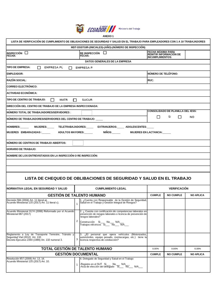 Lista de Verificaci n Seguridad y Salud en El Trabajo 1 a 10 Trabajadores | PDF | Seguridad y ...