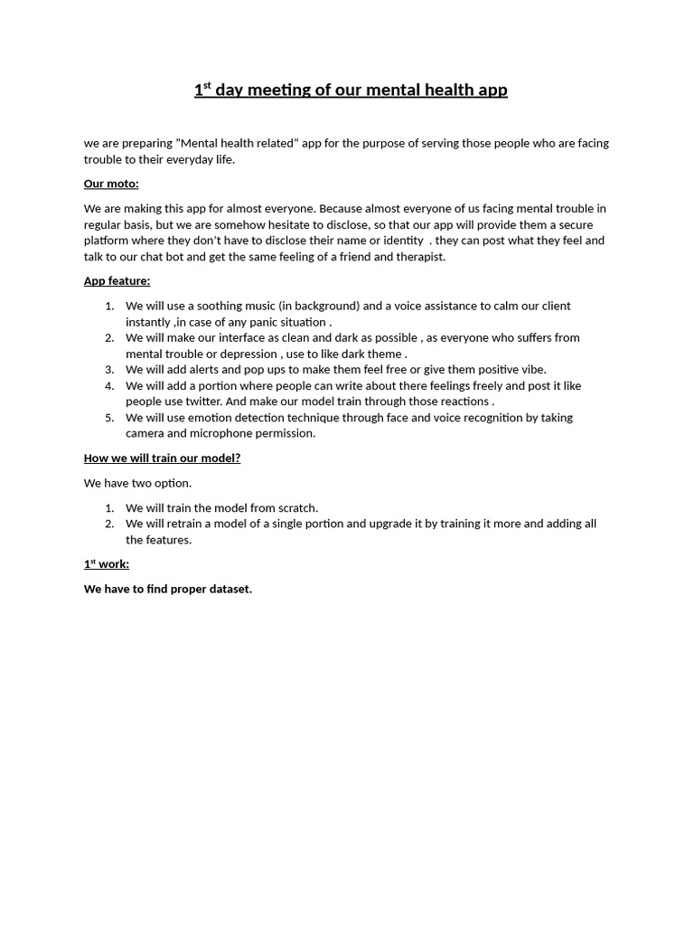 1st Day Meeting of Our Mental Health App | PDF