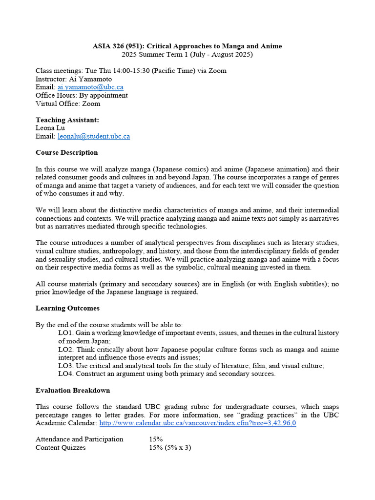 UBC ASIA 326: Manga and Anime Analysis | PDF | Academic Integrity | Anime
