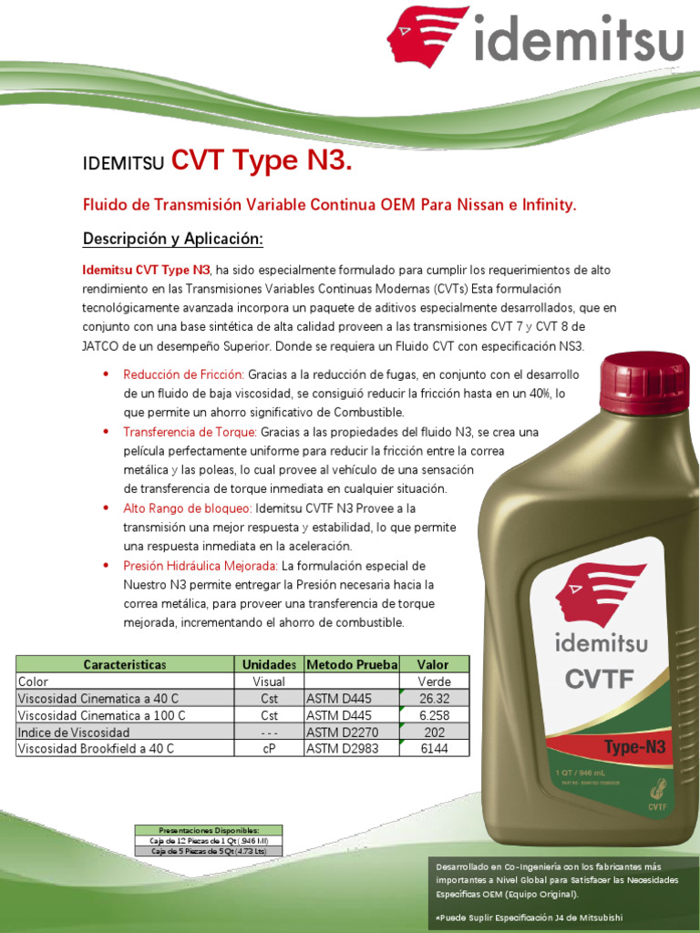 Ficha Técnica Idemitsu CVT Type N3 | PDF | Ingeniería mecánica ...