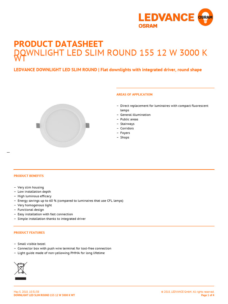 LED Slim Round Downlight 12W 3000K | PDF | Compact Fluorescent Lamp ...