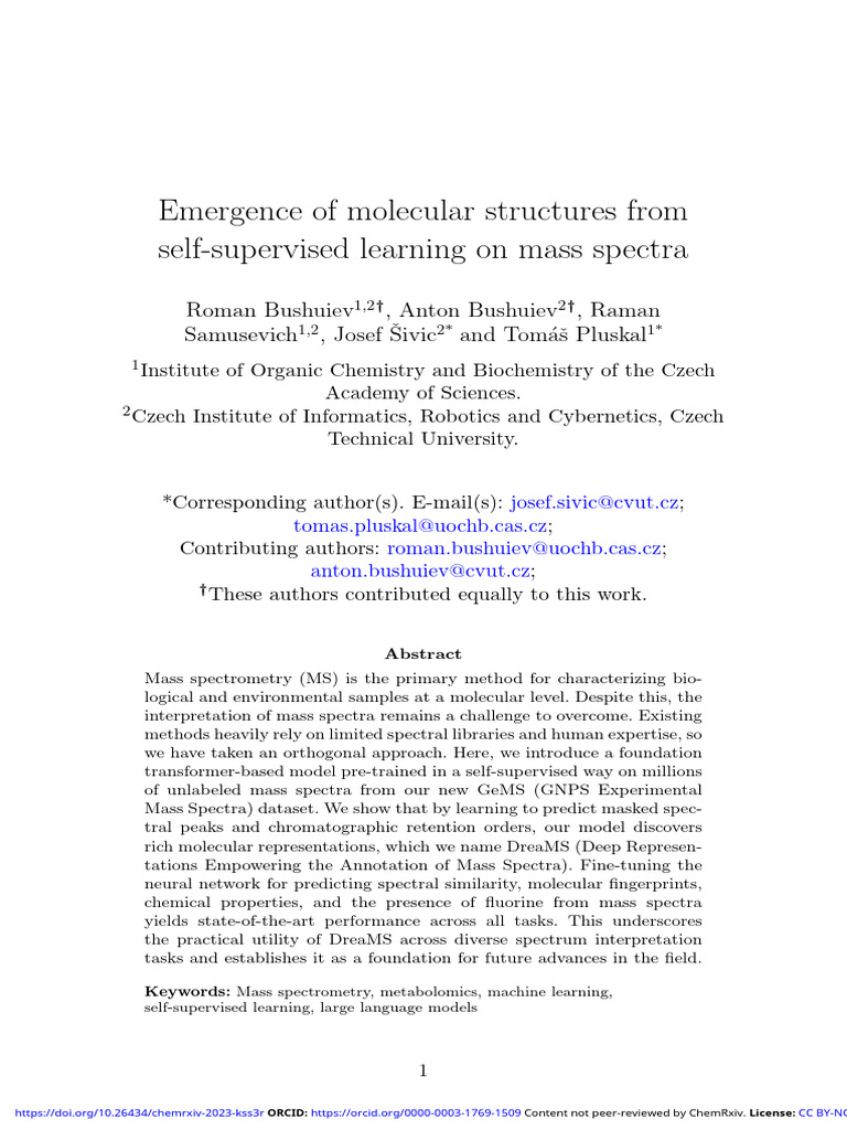 Bushuiev Et Al. - 2023 - Emergence of Molecular Structures From Self-Supervised Learning On Mass ...