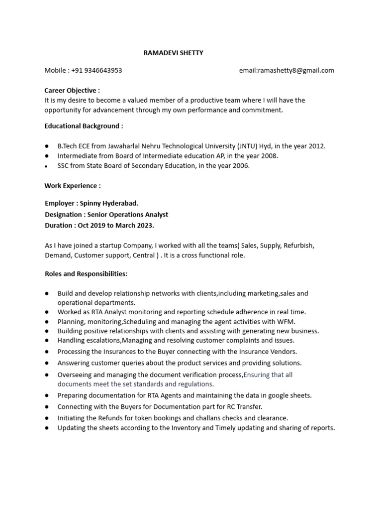 Rama Devi Shetty CV - Rama Shetty | PDF | Computing