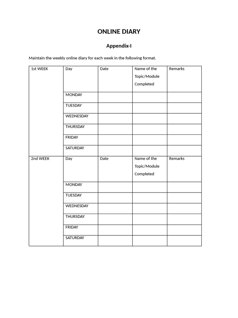 Weekly Online Diary Template | PDF