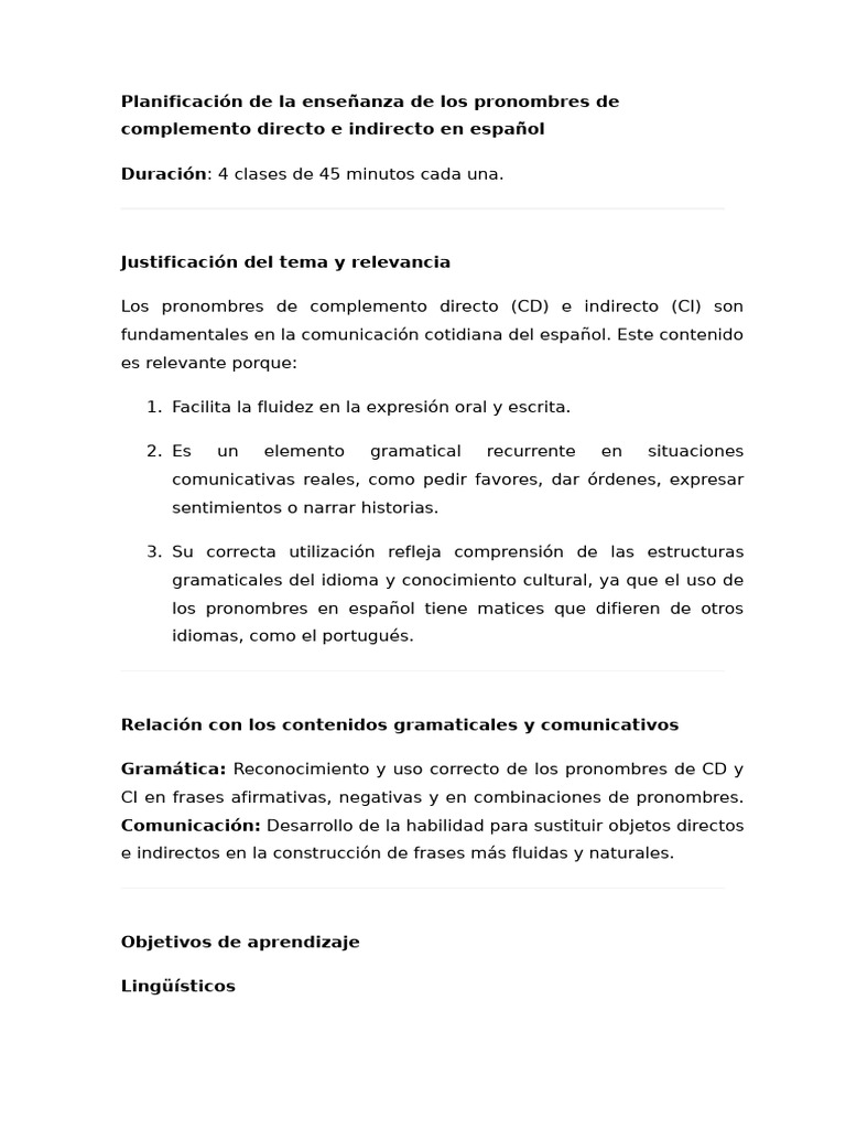 Planificación de La Enseñanza de Los Pronombres de Complemento Directo e Indirecto en Español ...