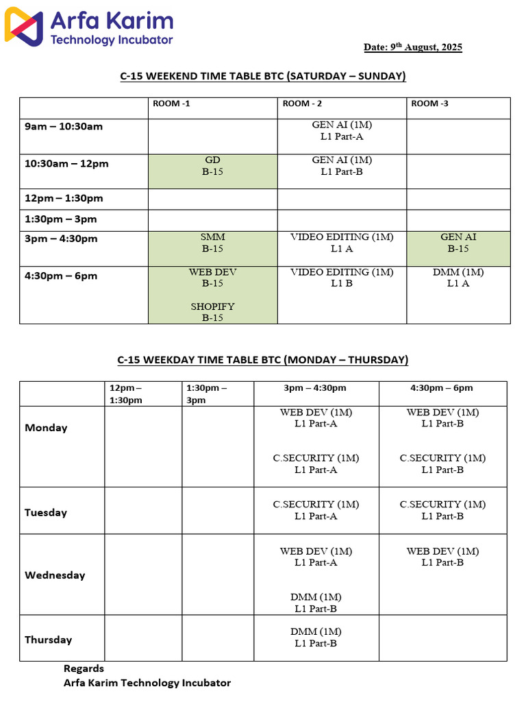 BTC 2025 Weekend & Weekday Timetable | PDF