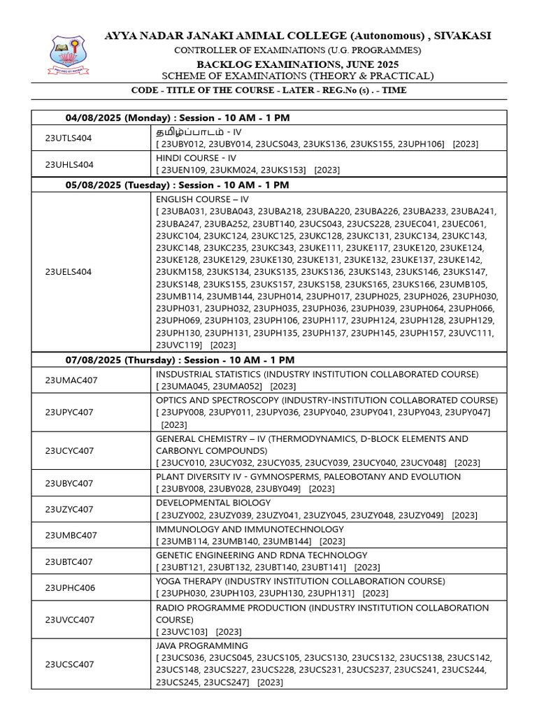 Backlog Exam Time Table (2023 Batch) | PDF | Science