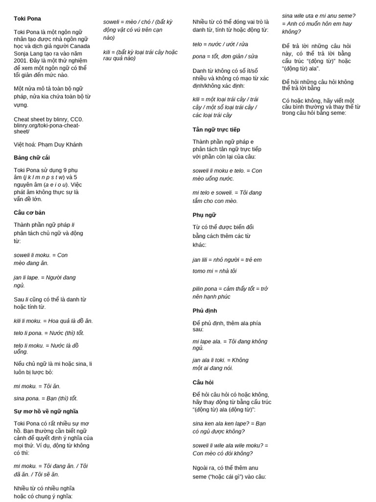 Toki Pona Cheat Sheet Viá T Pdf