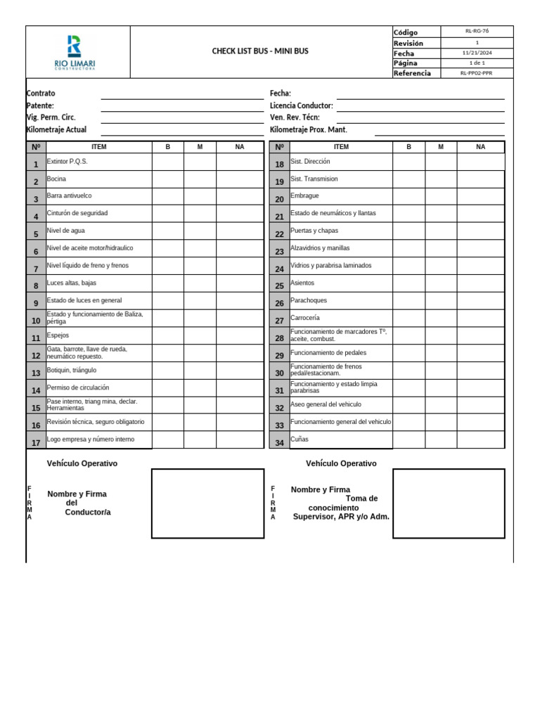 RL-RG-76 Check List - Bus Mini Bus | PDF | Neumático | Coche