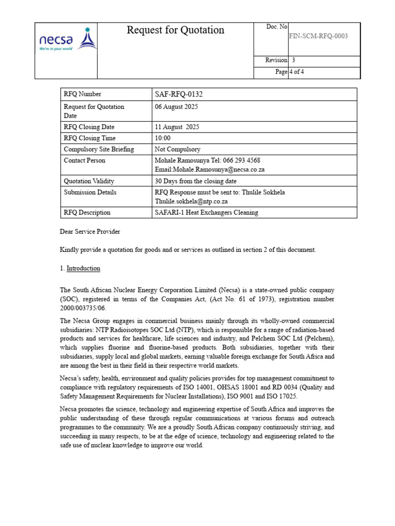 RFQ for SAFARI-1 Heat Exchanger Cleaning | PDF | Heat Exchanger ...