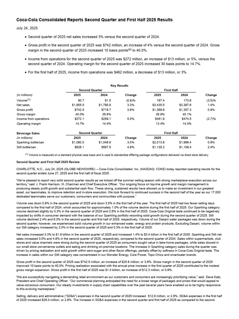 Coca-Cola Consolidated Reports Second Quarter and First Half 2025 ...