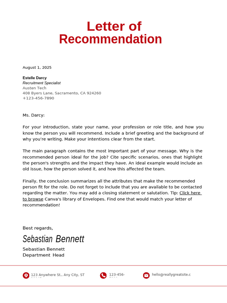 Red White Simple Generic Letter of Recommendation | PDF