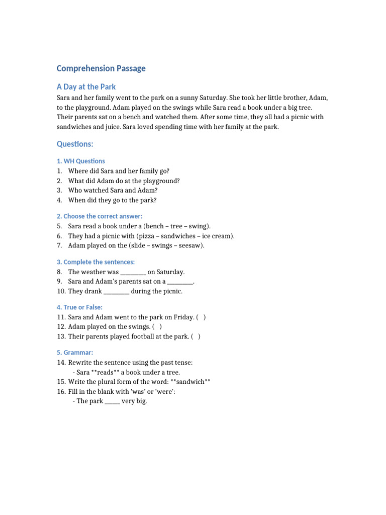 Grade 2 Park Comprehension Worksheet | PDF