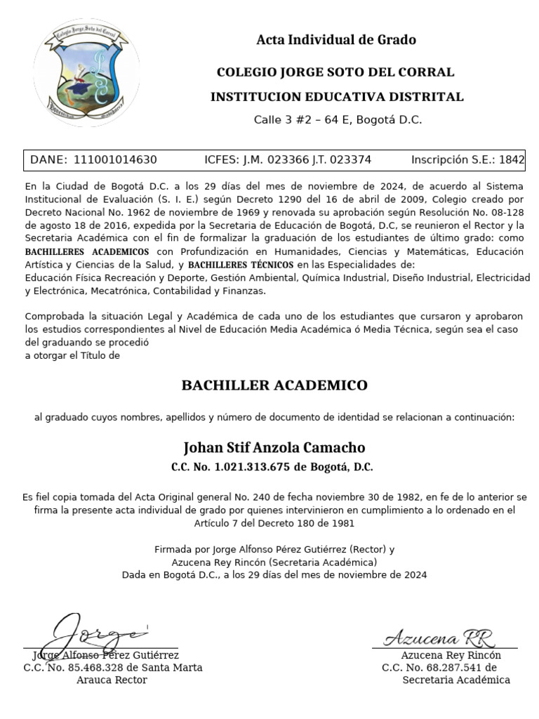 Acta de Grado del Colegio Jorge Soto | PDF | Bogotá
