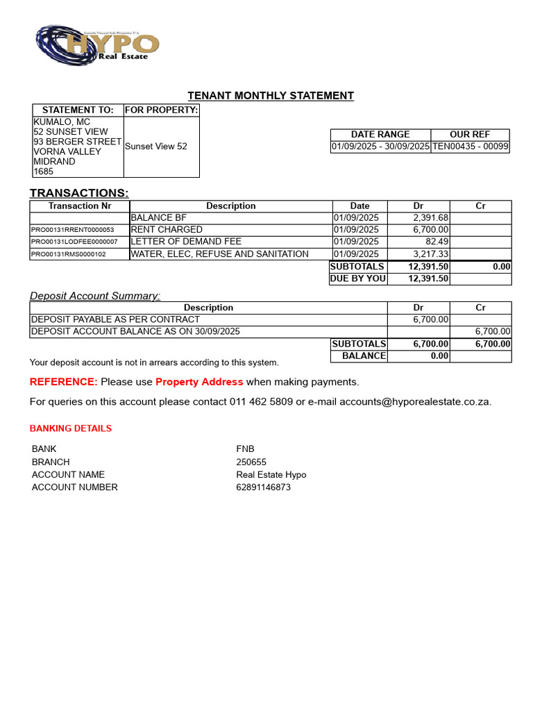 Tenant Monthly Statement - September 2025 | PDF