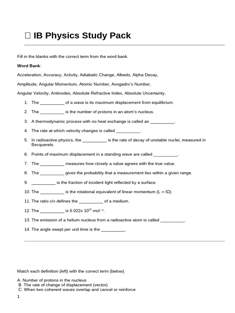 IB Physics Study Pack: Fill-in-the-Blanks | PDF | Heat | Atomic Nucleus