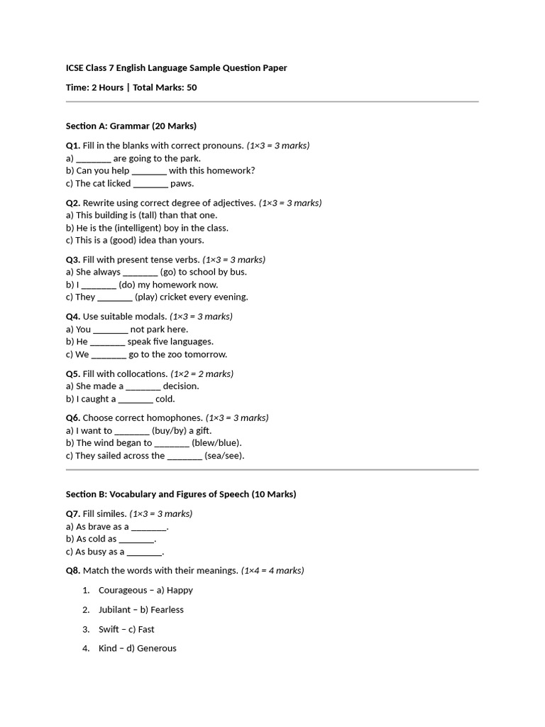 ICSE Class 7 English Language Sample Question Paper | PDF