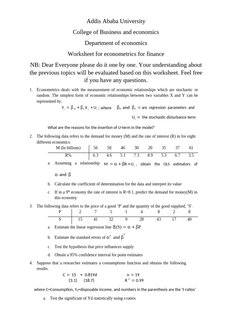 Econometrics Worksheet for Finance Analysis | PDF | Linear Regression | Ordinary Least Squares