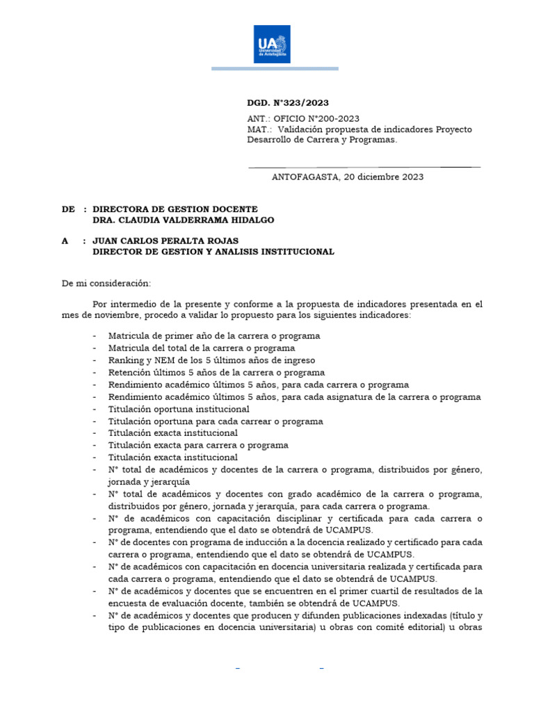 OFICIO 323 Validacion PCPindicadores | PDF