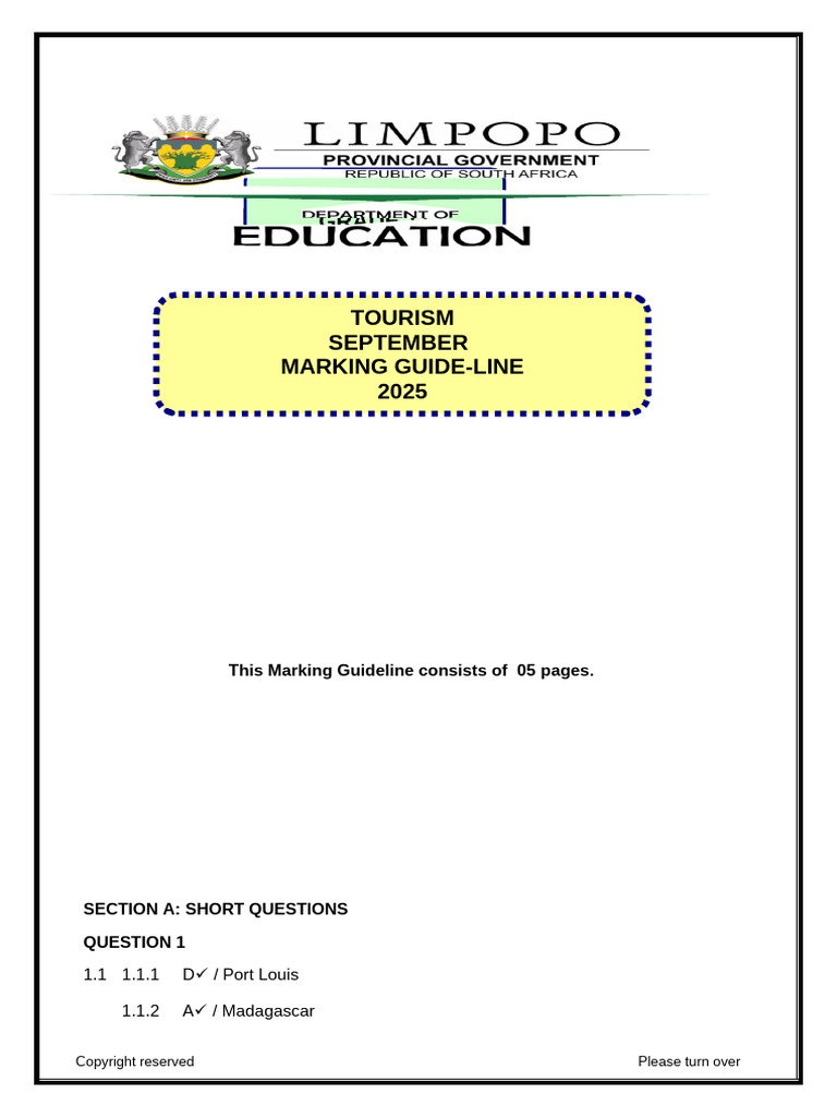 Grade 11 Tourism September 2025 Memo | PDF | Tourism | Restaurants