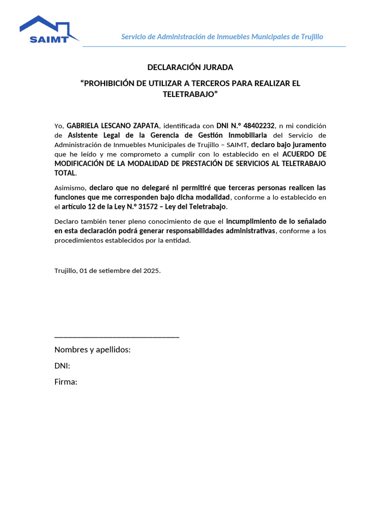 Declaración Jurada Del Teletrabajo Gabriela Lescano Zapata | PDF | Gobierno
