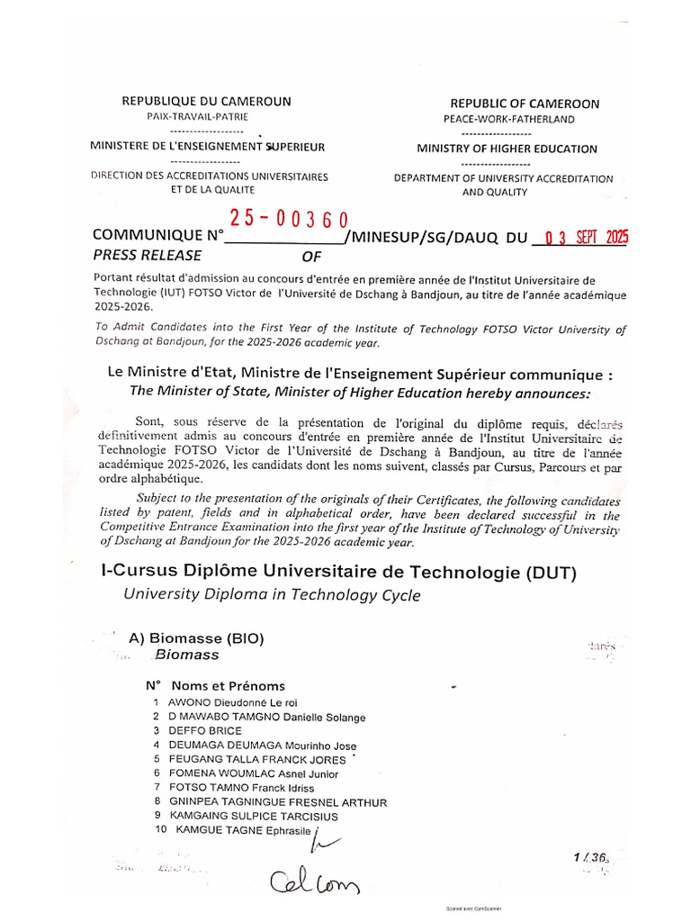 Résultats IUT Fotso Victor, UDs 2025-2026 | PDF