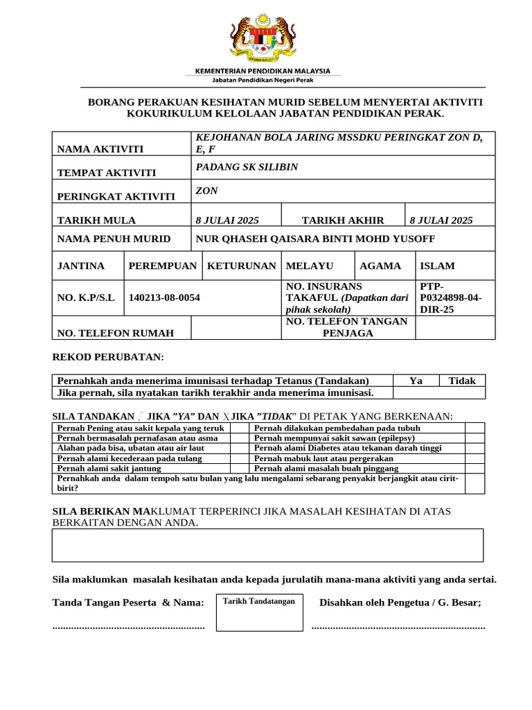 Borang Perakuan Kesihatan Murid | PDF
