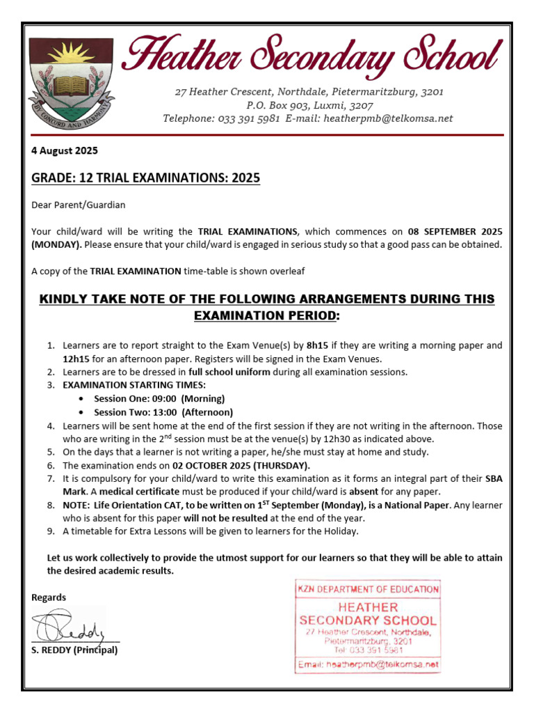 Grade 12 Trial Exam Timetable 2025 | PDF