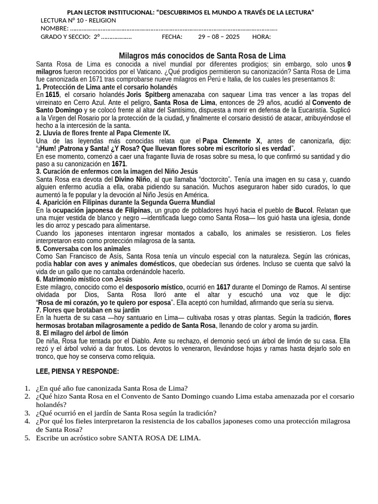 LECTURA 10 - Milagros Más Conocidos de Santa Rosa de Lima 2° | PDF
