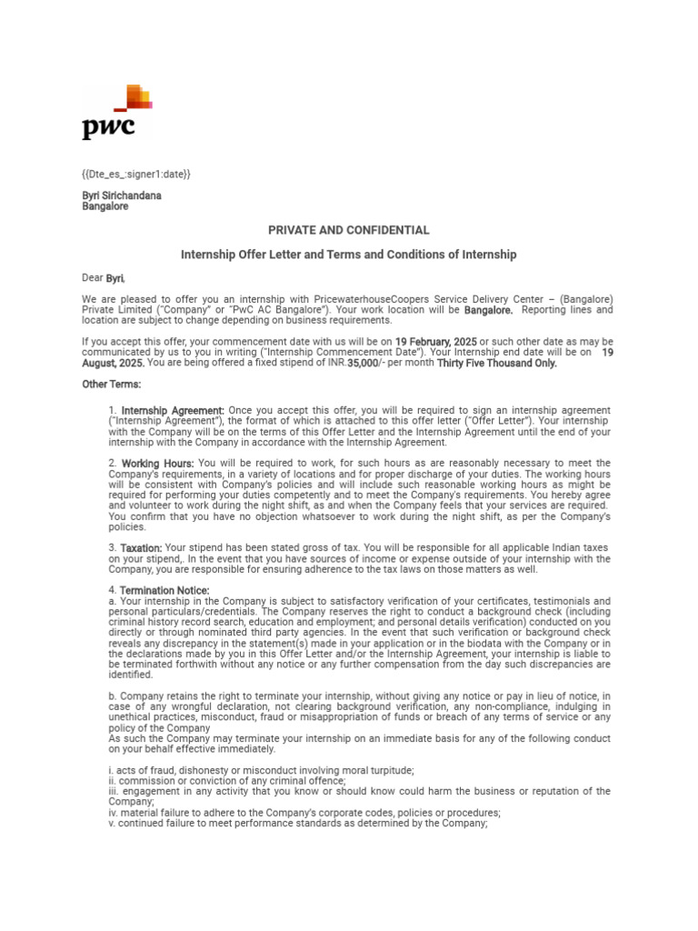 PwC Bangalore Internship Offer Letter | PDF | Sexual Harassment ...