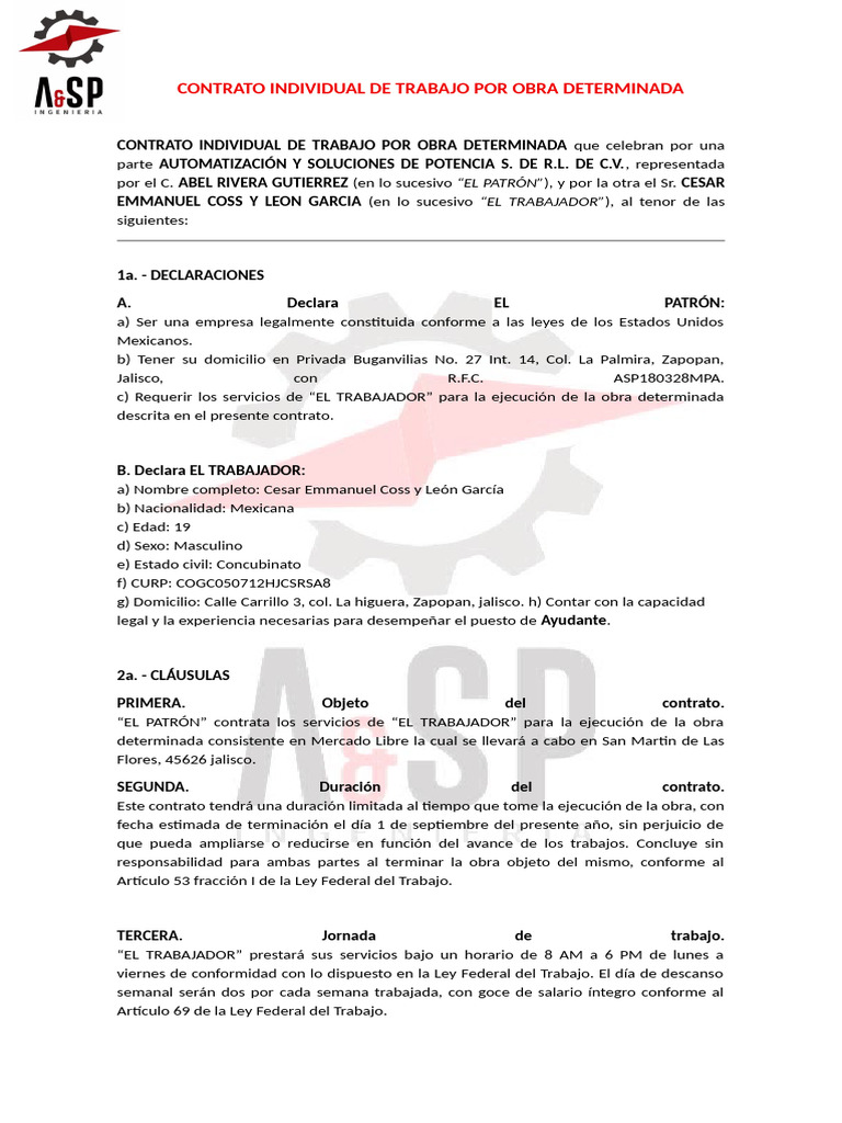 CONTRATO INDIVIDUAL DE TRABAJO POR OBRA DETERMINADA Cesar Coss | PDF ...