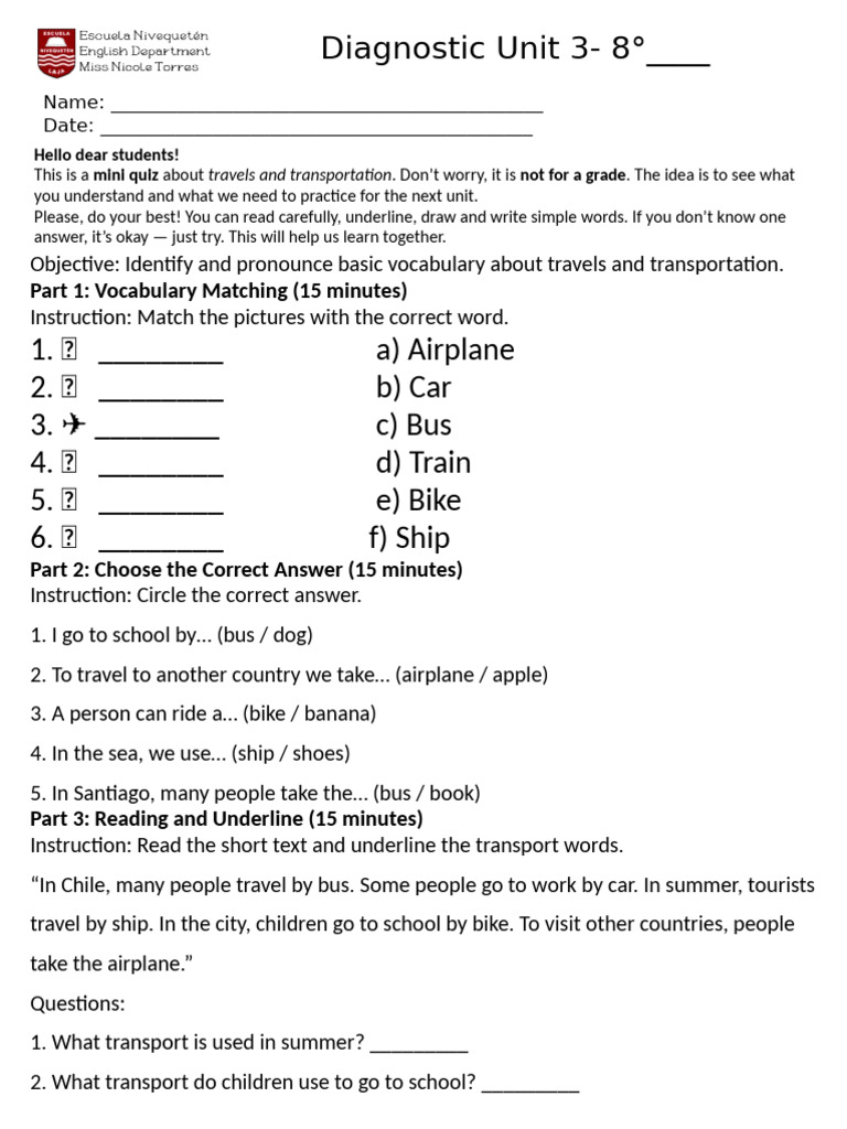 Travel and Transportation Vocabulary Quiz | PDF