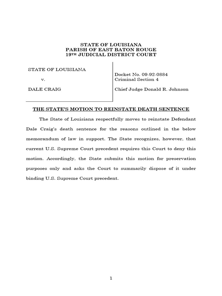 Motion to Reinstate Dale Craig's Death Sentence | PDF | United States ...