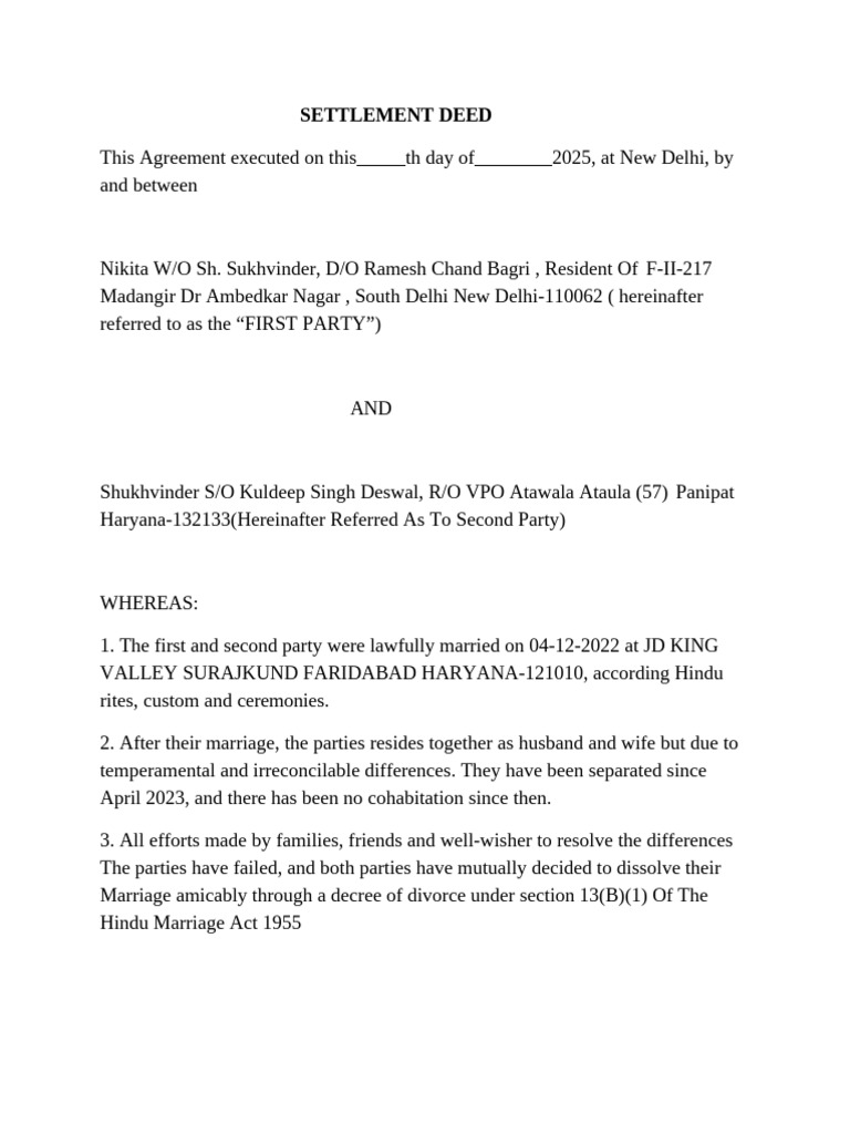 Settlement Deed for Divorce Agreement | PDF | Marriage | Divorce