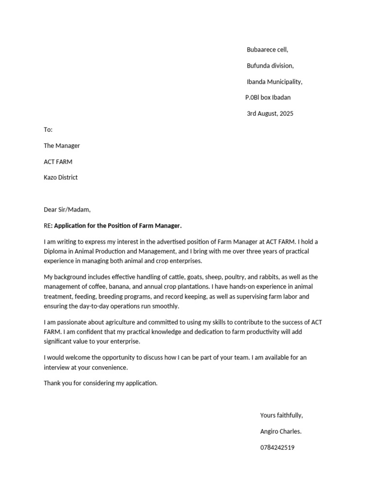 Farm Manager Application Letter | PDF