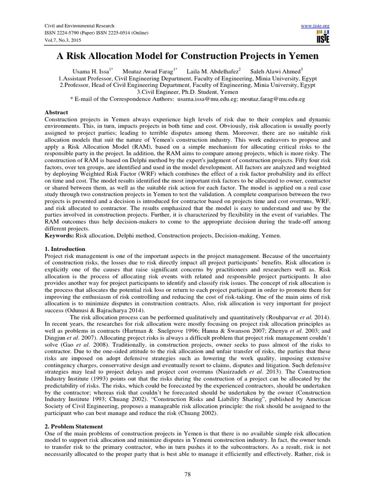A Risk Allocation Model For Construction Projects in Yemen 3954fixn3z ...