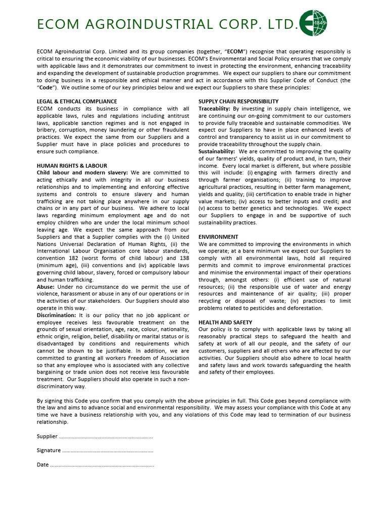 ECOM Supplier Code of Conduct Overview | PDF | Supply Chain ...