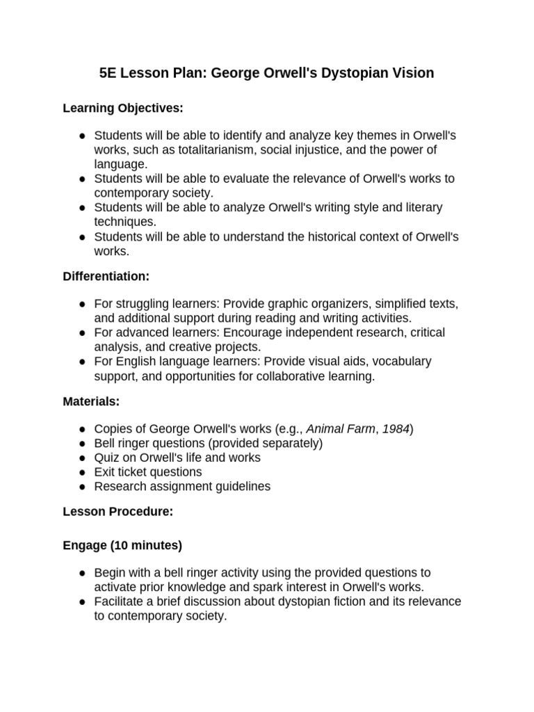 5E Lesson Plan: George Orwell's Dystopian Vision: Learning Objectives ...