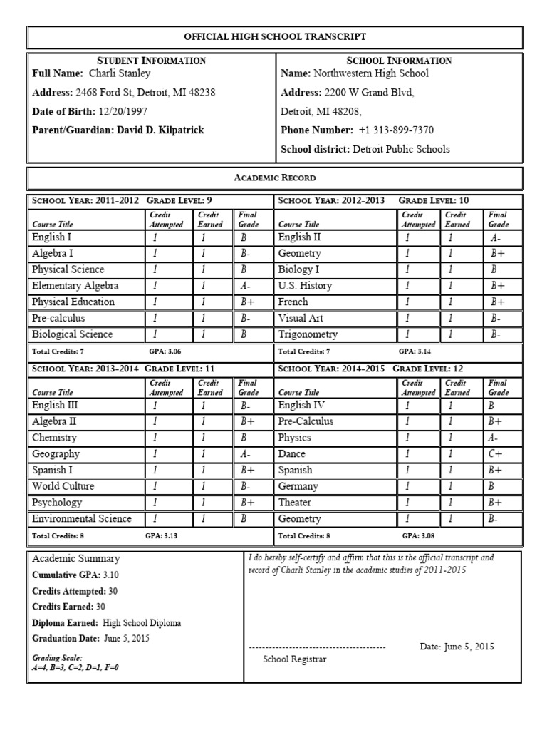 Northwestern High School TRANSCRIPT | PDF | Mathematics | Educational Stages
