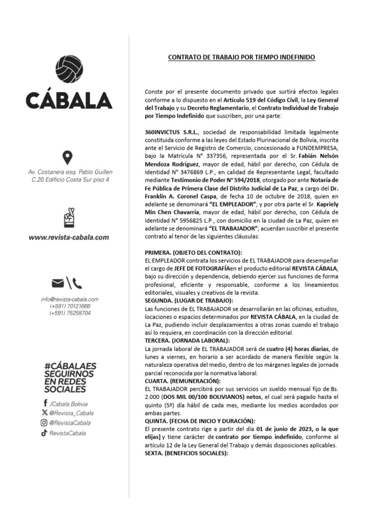 Modelo de Contrato de Trabajo Indefinido | PDF | Derecho laboral