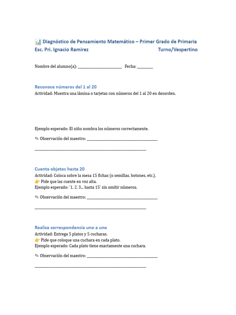 Diagnostico Pensamiento Matematico Primer Grado | PDF