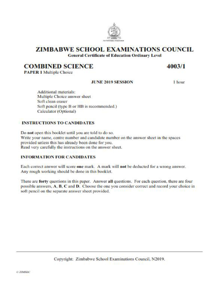 Combined Science June 2019 Past Exam Paper 1 With Answers For O Level ...