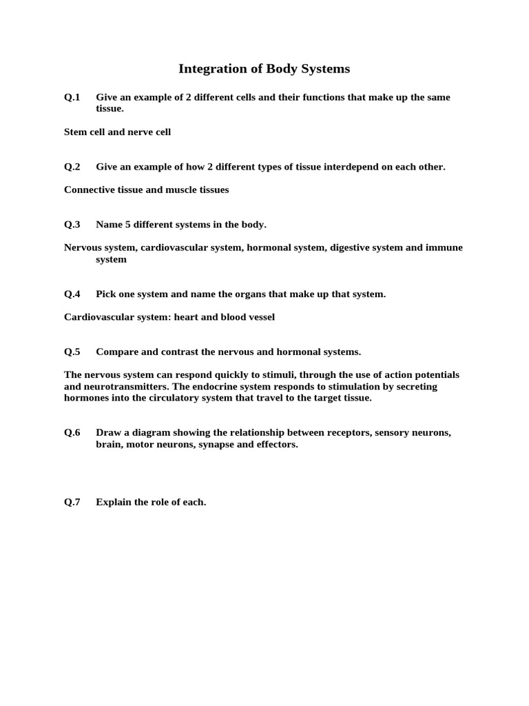 Integration of Body Systems Questions C3.1.1 - 3.1.8 | PDF