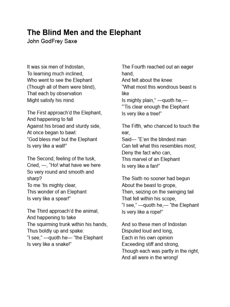 The Blind Men and the Elephant Poem | PDF