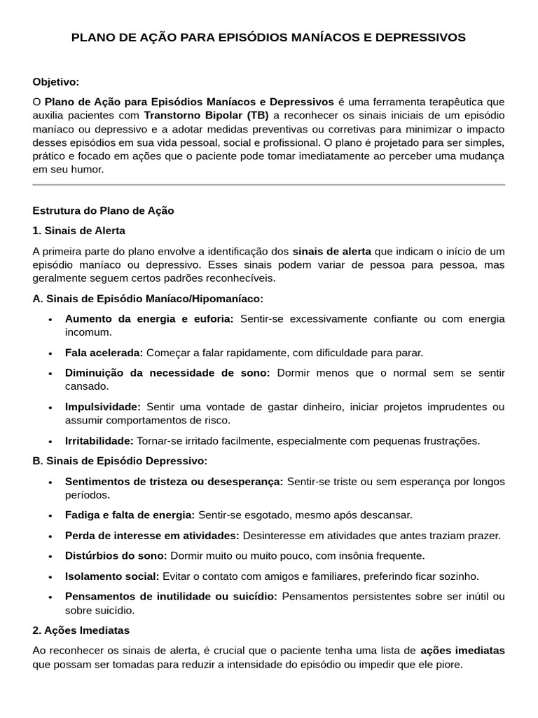 Plano de Ação para Transtorno Bipolar | PDF | Depressão | Mania