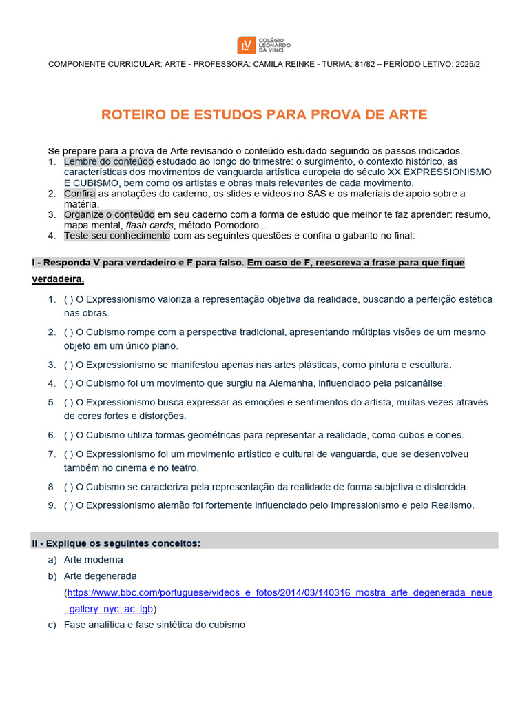 Roteiro Para Prova 2ºtrim | PDF | Expressionismo | Arte abstrata