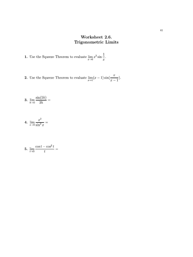Worksheet Trig Limit and Squeeze Theorem | PDF