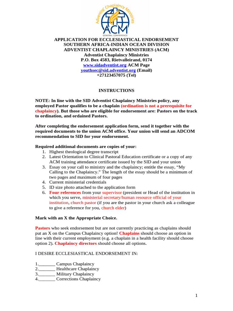 SID Endorsement Application Forms 2019 | PDF | Chaplain | Seventh Day Adventist Church